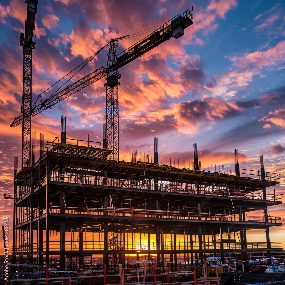 Cranes rise against a vibrant sunset, as steel beams take shape ...