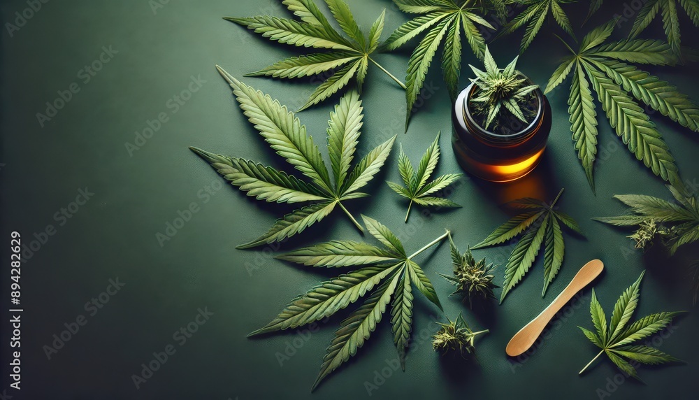 Green cannabis leaves on a textured background, with veins and textures ...