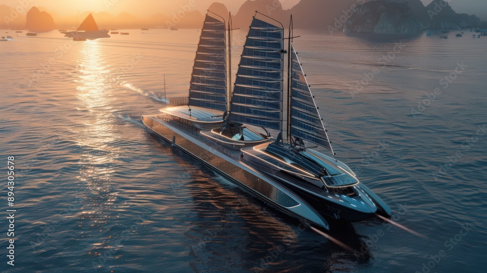 ship equipped with solar sails and renewable energy sources ...