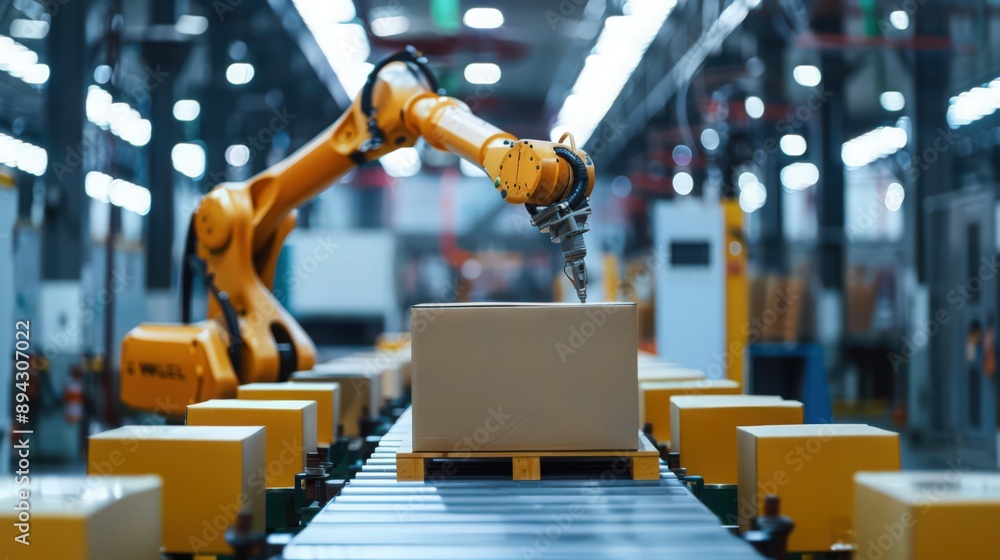 robot packaging products on an assembly line, showcasing the efficiency ...
