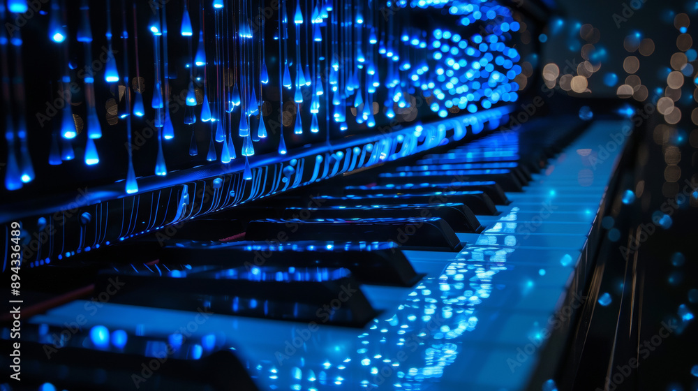 Piano keys lit by blue fibre optic light create a captivating visual ...