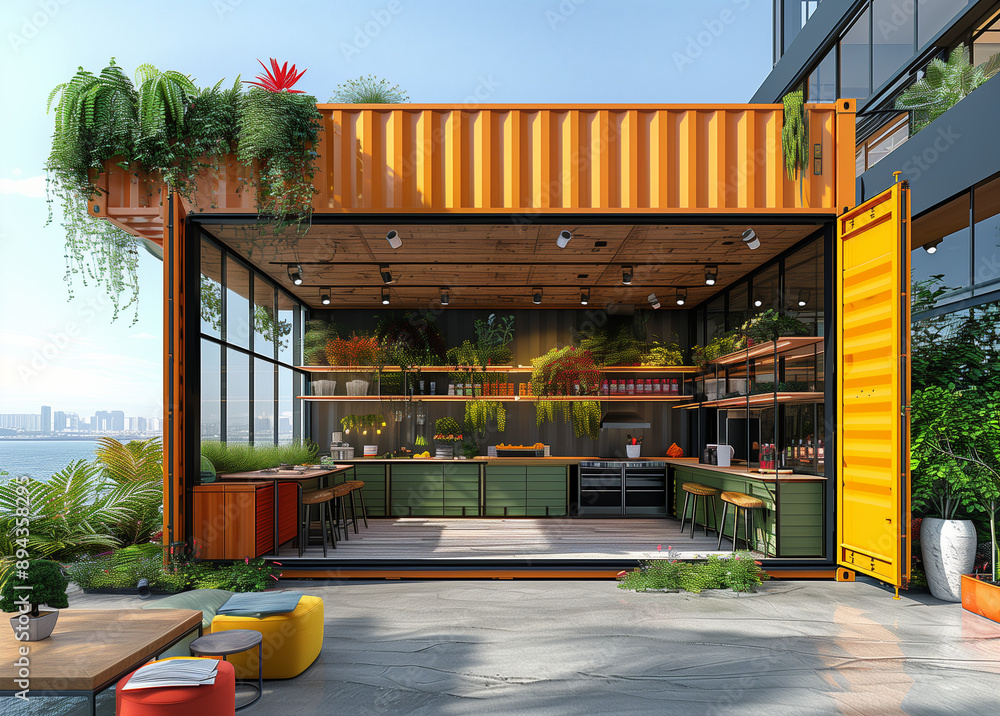 a beautifully designed cafe created from a converted shipping container ...