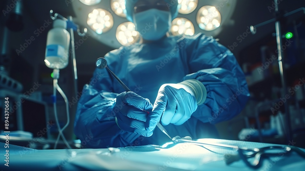 Hand of the Surgeon holds surgical instrument inside operating room in ...