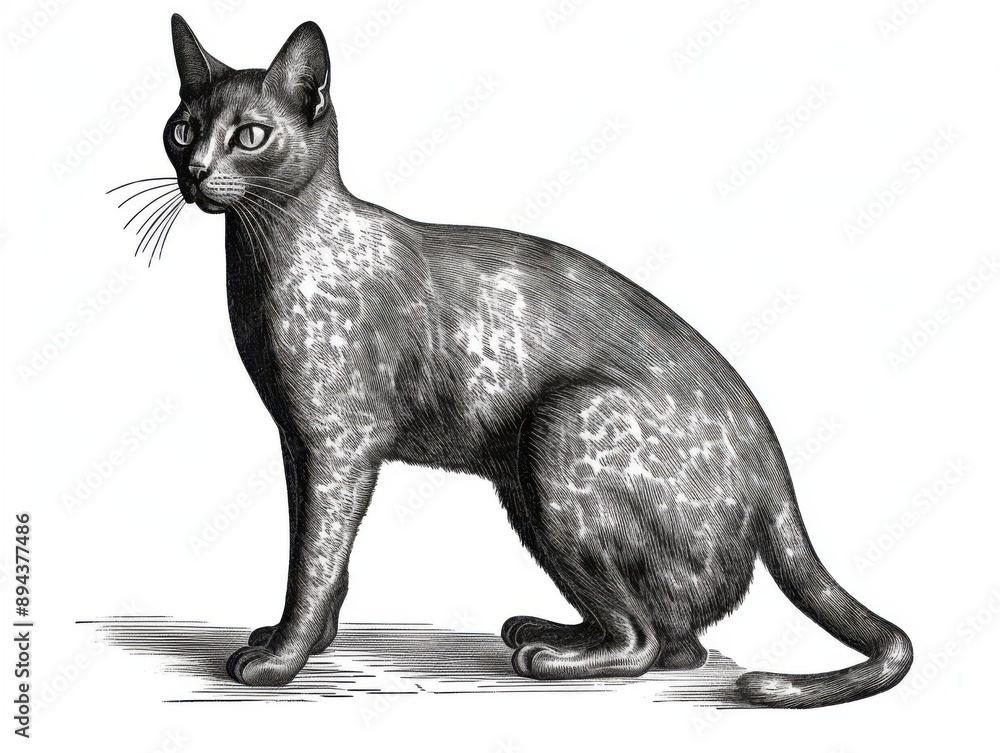Black and white Vintage engraved art of a Korat cat isolated on white ...