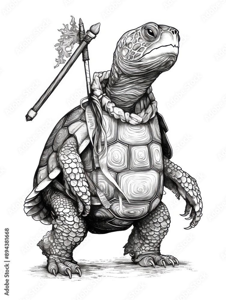 Black and white Vintage engraved art of a turtle in a ninja outfit ...