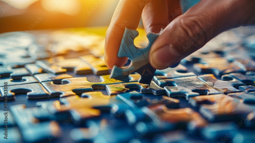 Hand placing the last puzzle piece in a jigsaw, symbolizing completion ...