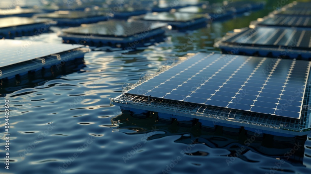 The large floating solar park farm. solar panels float in the water. Concept of alternative and ...