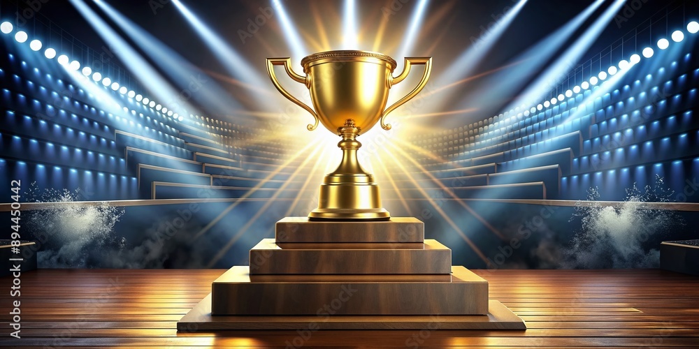 Golden champion trophy on a three-tiered podium stage with first ...