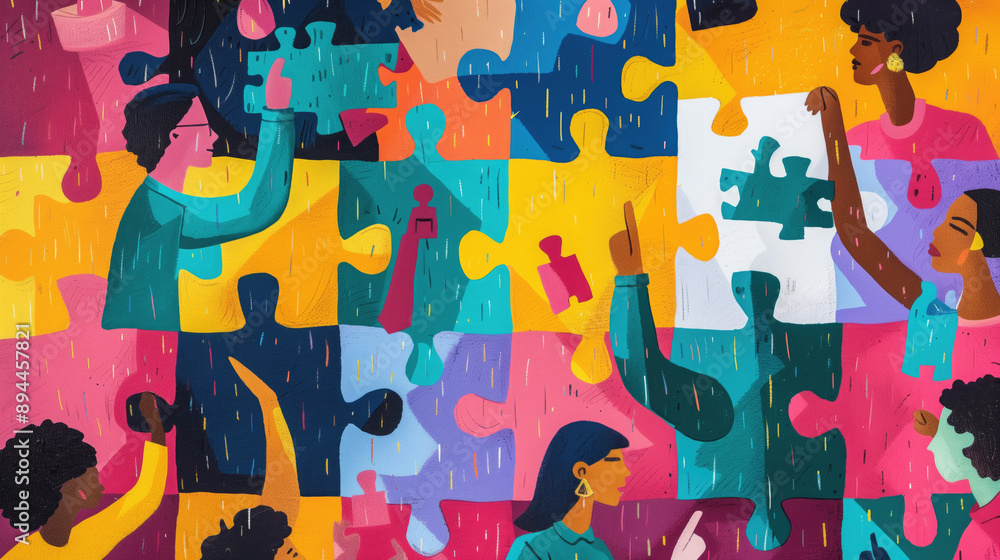 Diverse group of people collaboratively assembling a colorful puzzle ...