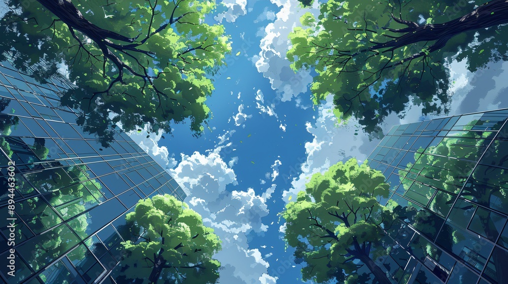 Tall building with a glass facade trees lining the walkway the sky ...