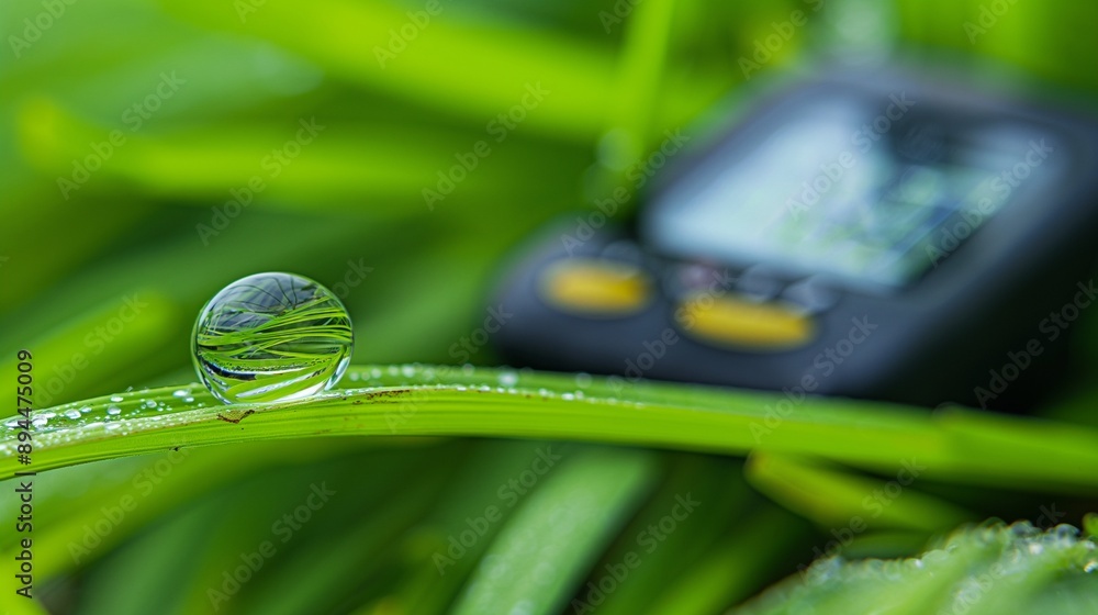 A close-up of a water droplet on a blade of grass, with a digital water ...