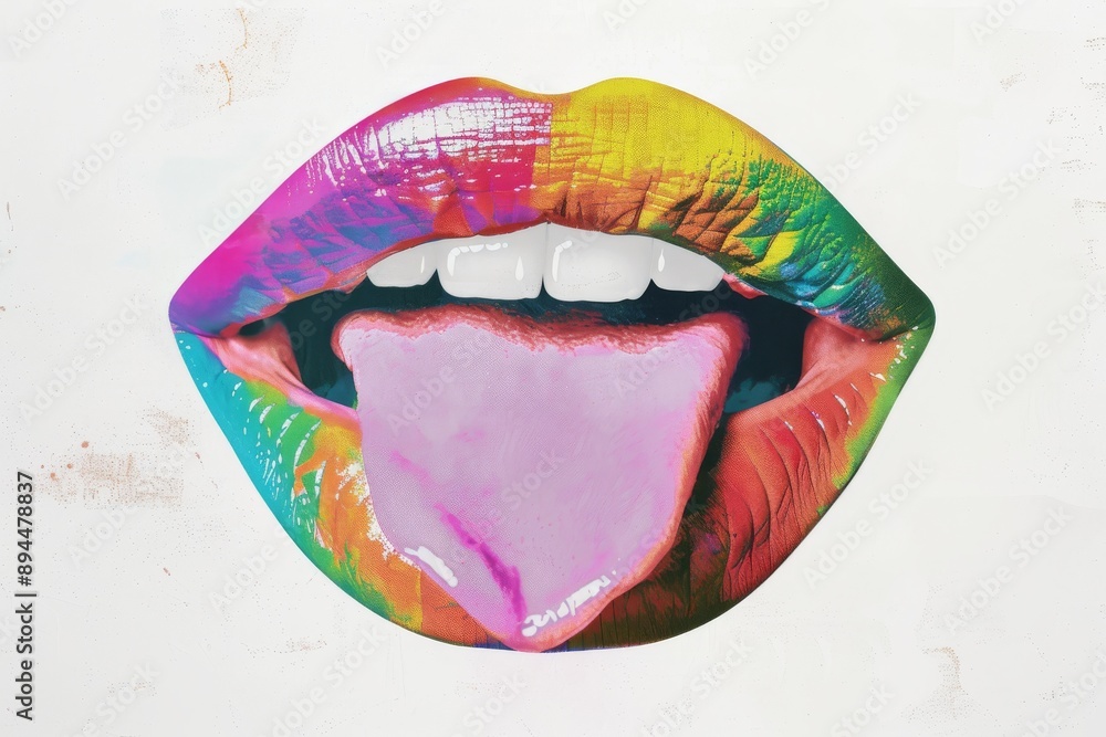 Stock-Illustration „Purple lips with stripe tongue in pop art style ...