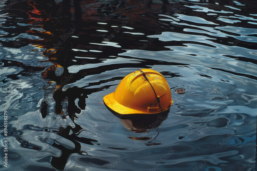 Yellow construction safety helmet floating on the water surface with ...