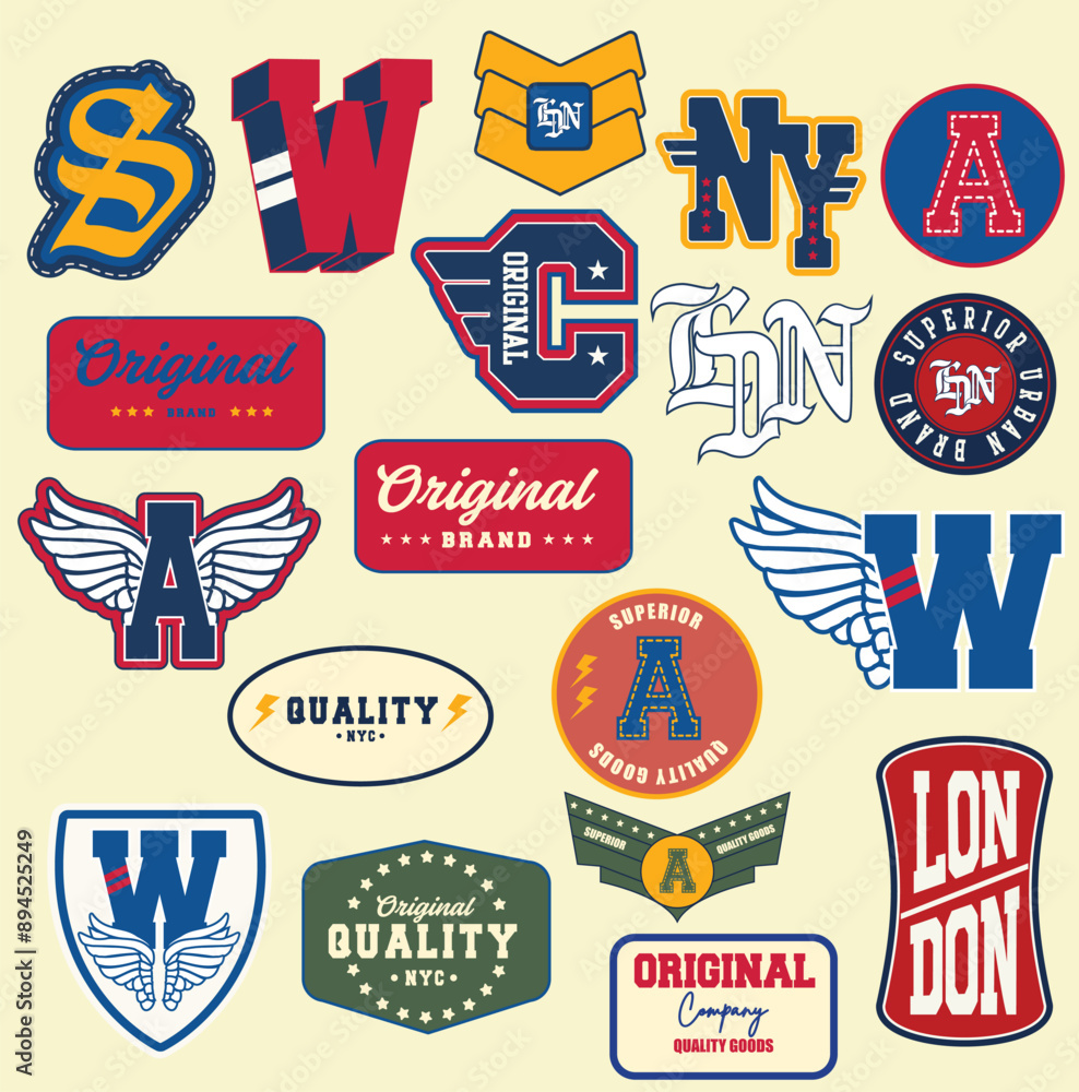 varsity , school fashion applique graphic set Stock Vector | Adobe Stock