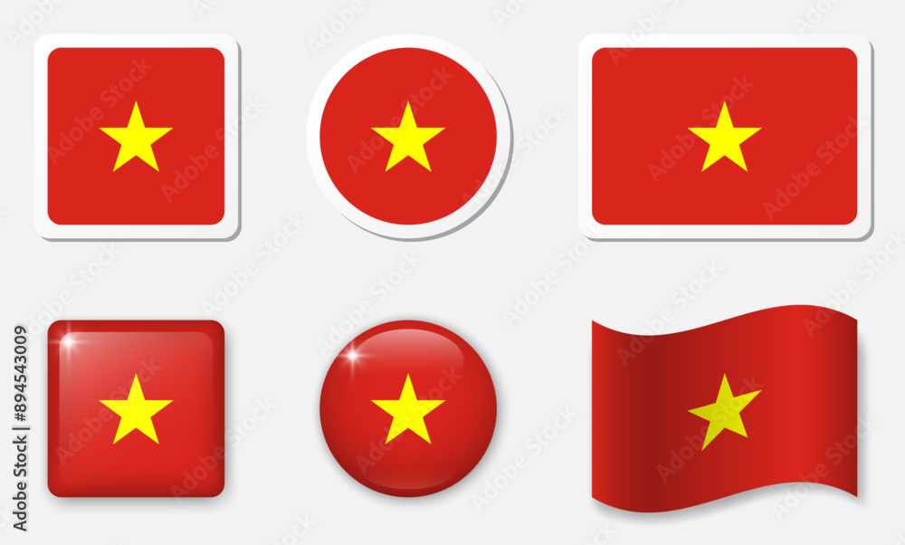 Flag of Vietnam icons collection. Stickers and 3d realistic elements ...