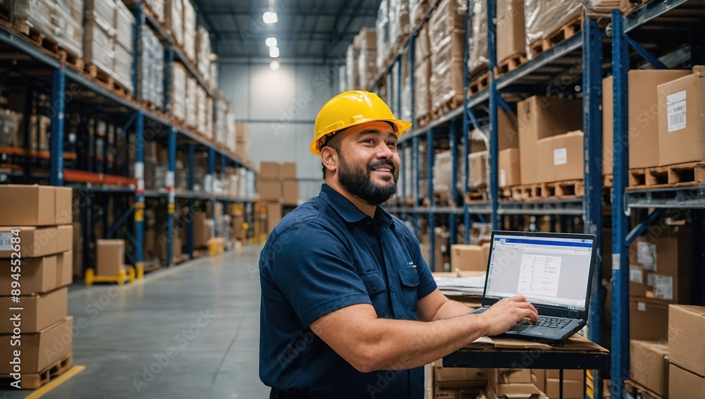 Warehouseman checking delivery, stock in warehouse on computer, pc ...