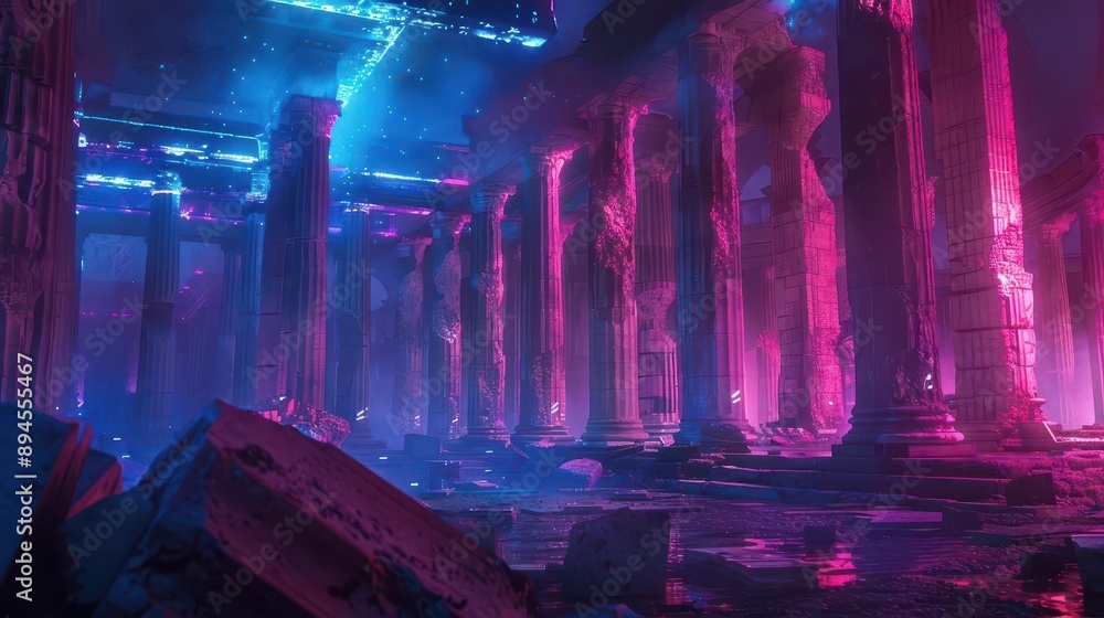 ancient roman forum reimagined in cyberpunk future holographic ruins ...