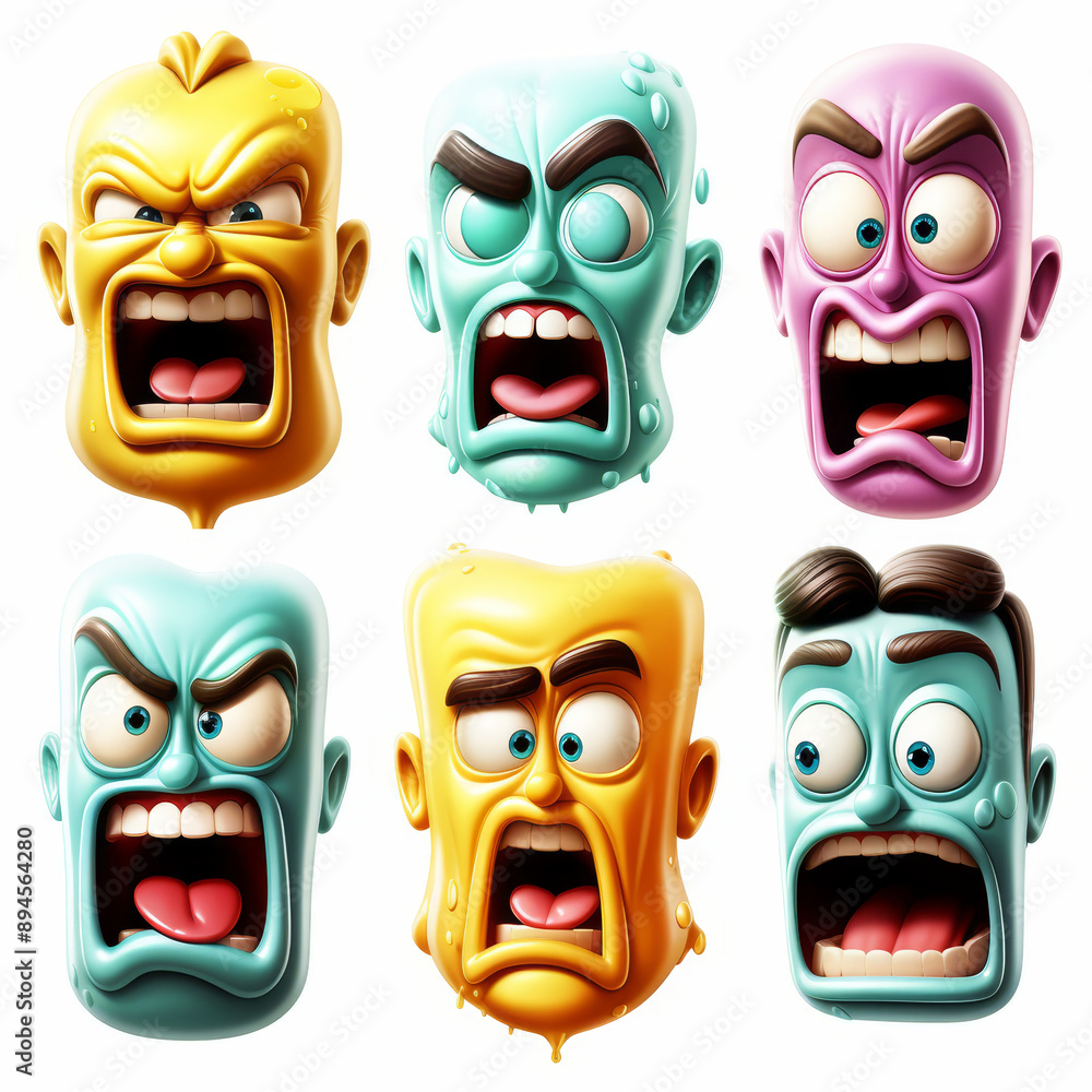 Colorful 3D cartoon faces showing different emotions on white ...