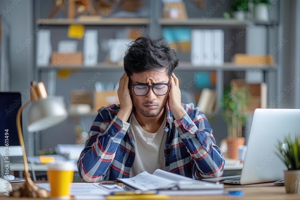 Office worker grimacing from headache, rubbing temples, messy desk ...