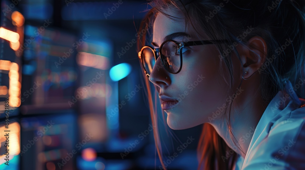 Woman wearing glasses looking at computer screen with multiple monitors ...