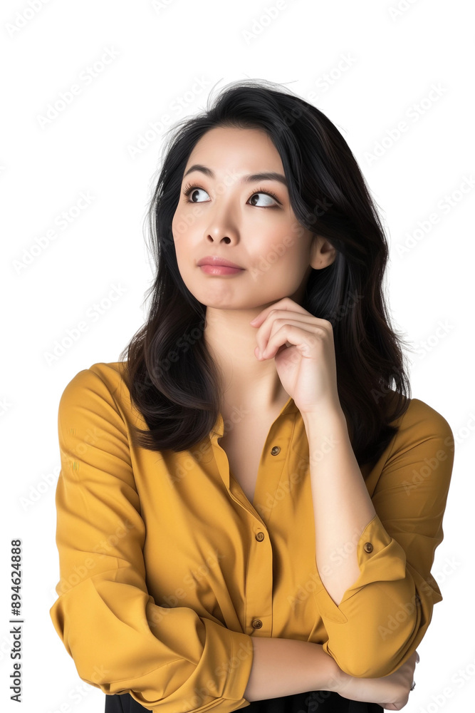 Woman thinking while looking up,doubtful and hesitant,transparent ...