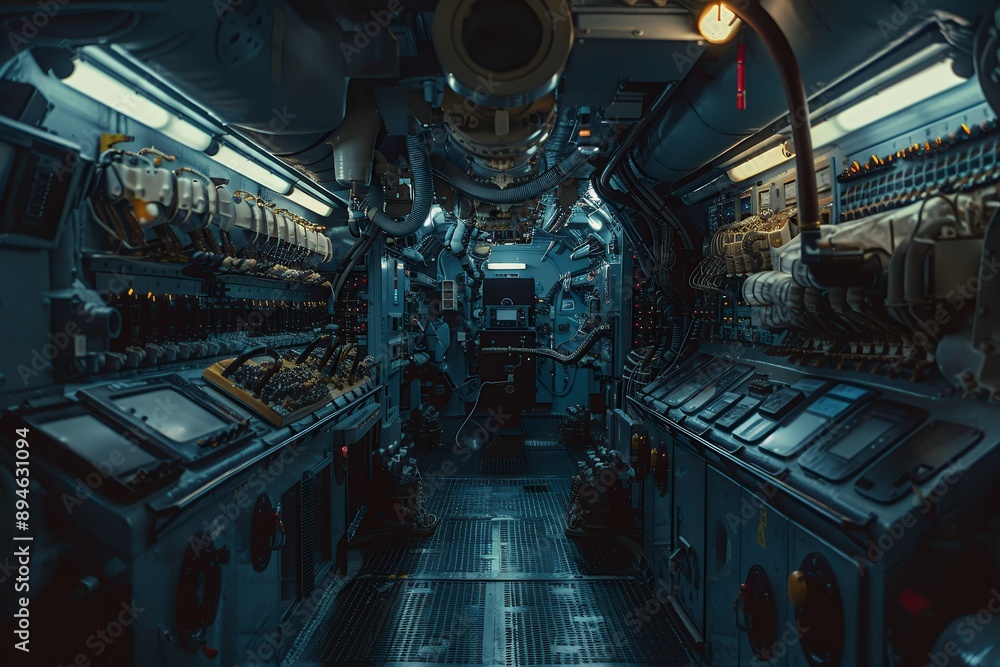 inside submarine, nuclear engine room with lots of electronic equipment ...