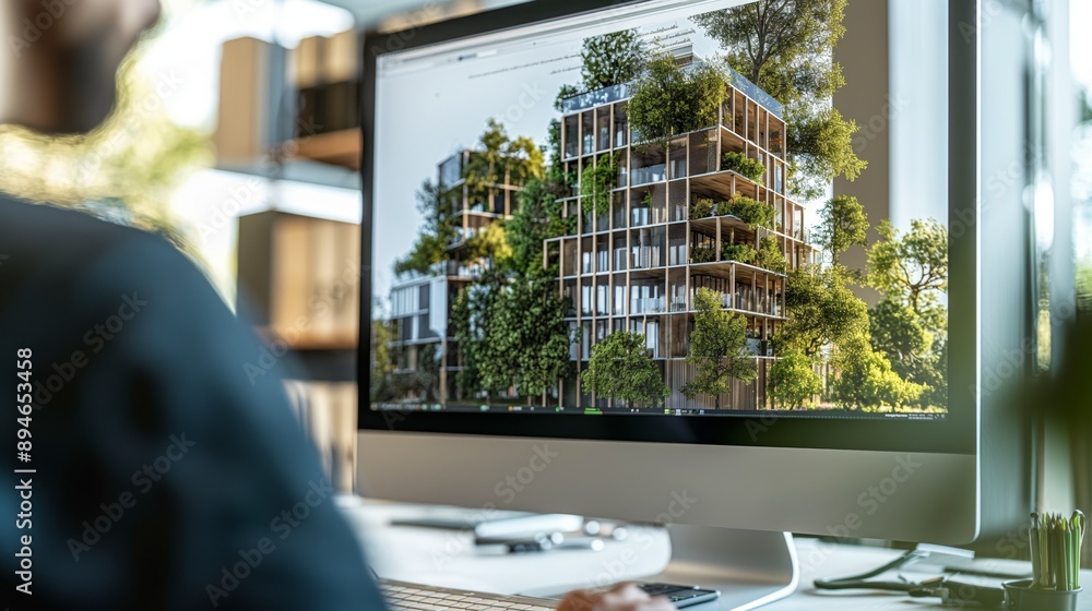 3D visualization of the new building project on a computer screen, the ...