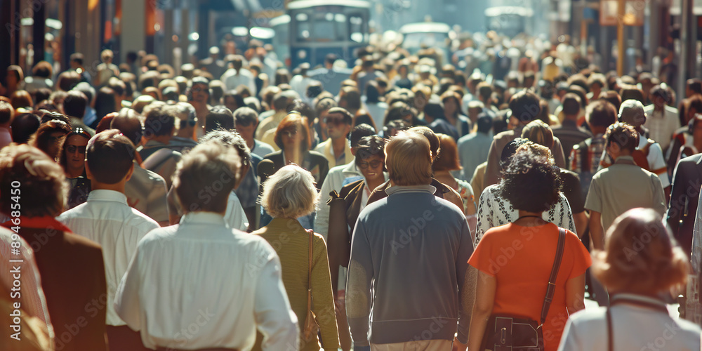 Crowd of people walking street in 1970s Stock Photo | Adobe Stock
