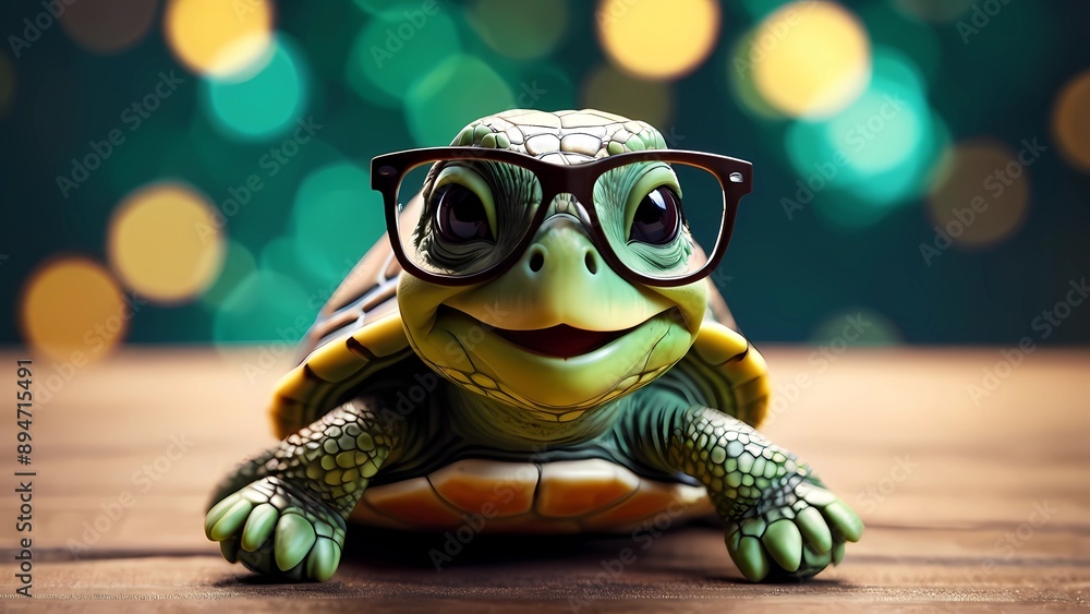 Cute little green turtle with glasses in front of studio background ...