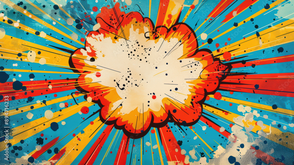 Colorful comic book explosion illustration with vibrant rays and a ...