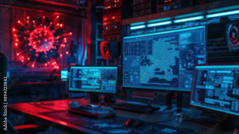Futuristic cybersecurity command center with multiple screens, virus display, and neon lights ...