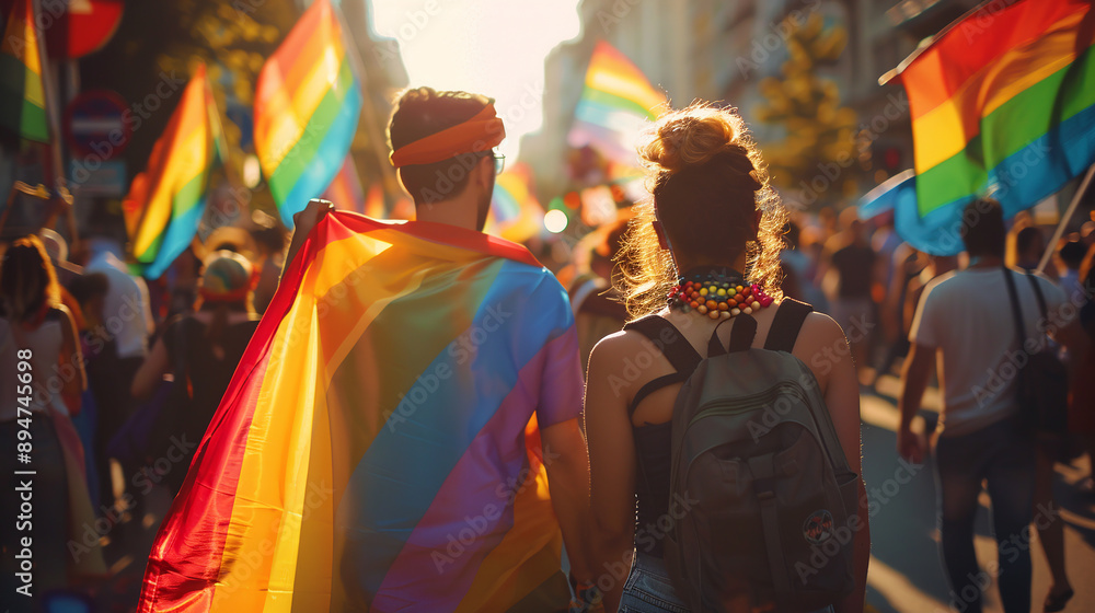 Stock-Foto „An LGBT pride parade, dozens of rainbow flags and balloons ...