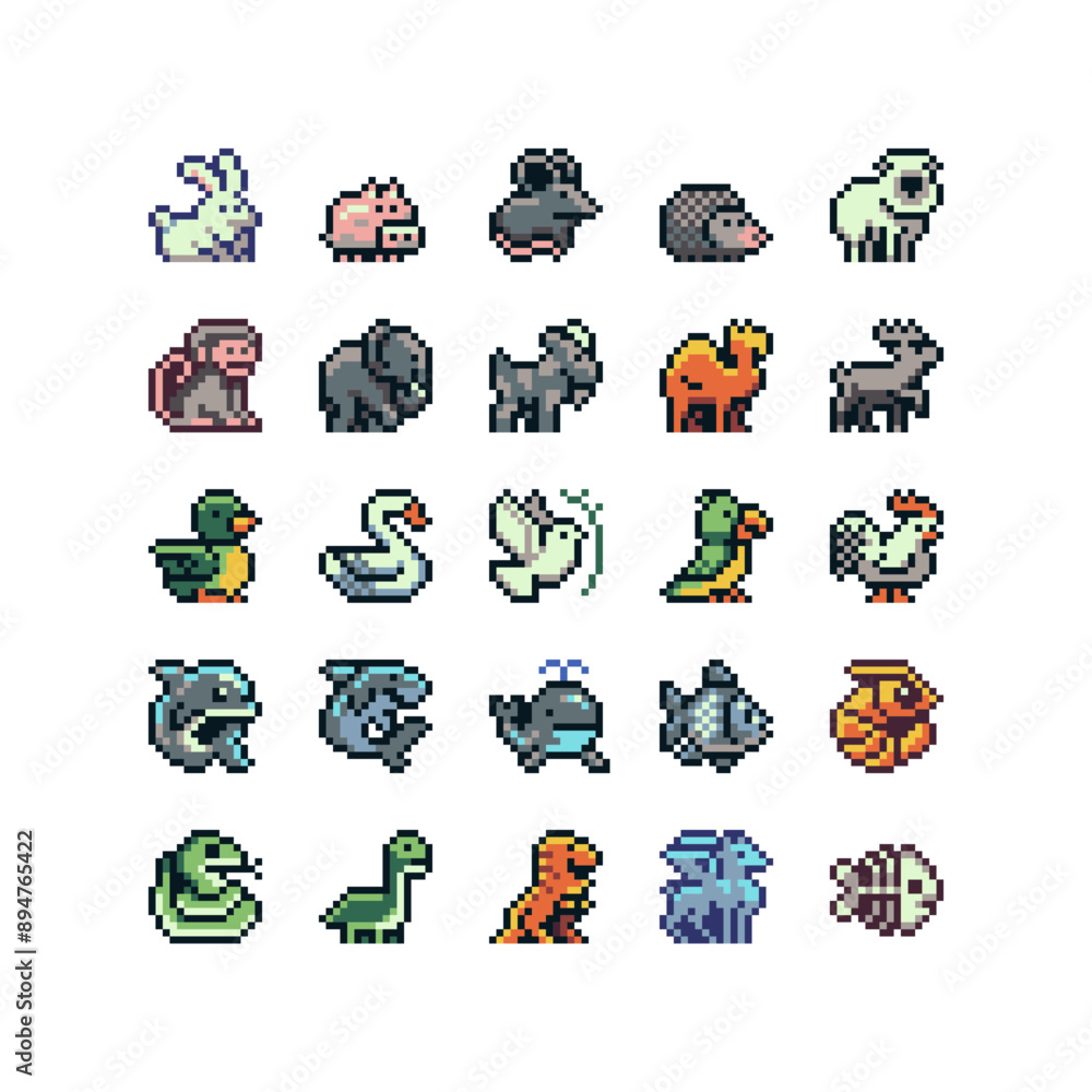 Animals pixel art icon set hare, pig, mouse, hedgehog, sheep, monkey ...