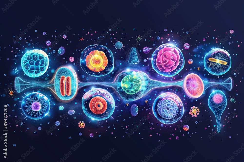 Ilustración de Stock Cell division, mitosis stages, detailed flat ...