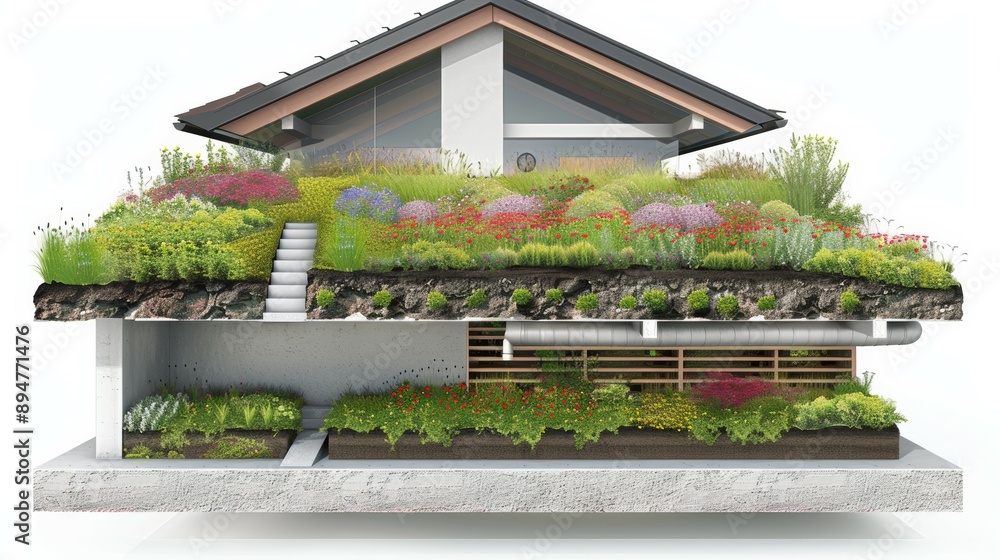 Cross-section of green roof system integrated with attic ventilation ...