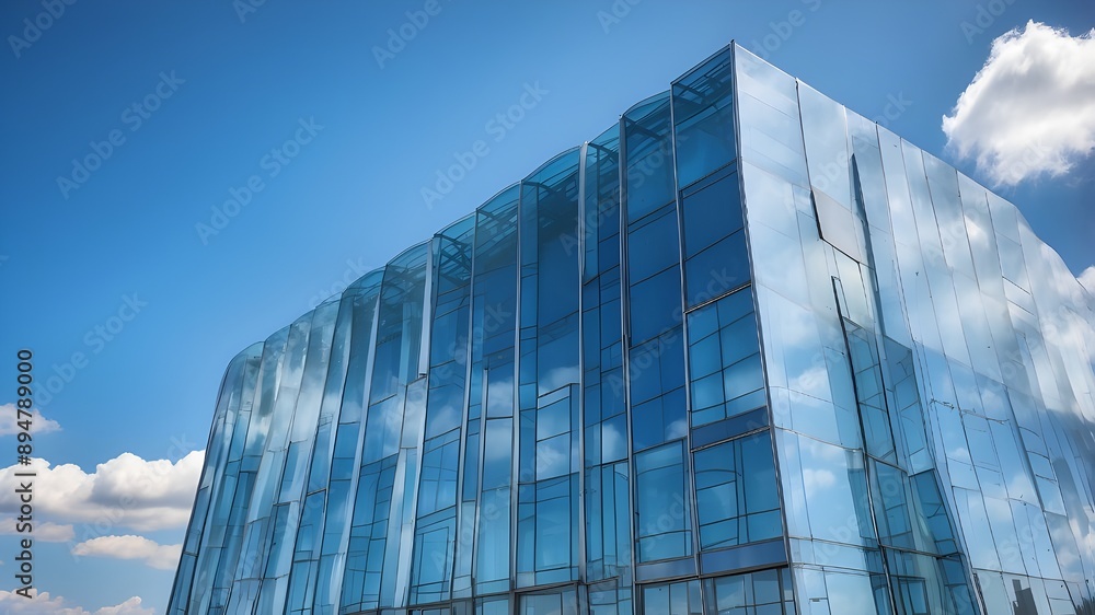 Contemporary office structure featuring glass facades and a blue sky ...