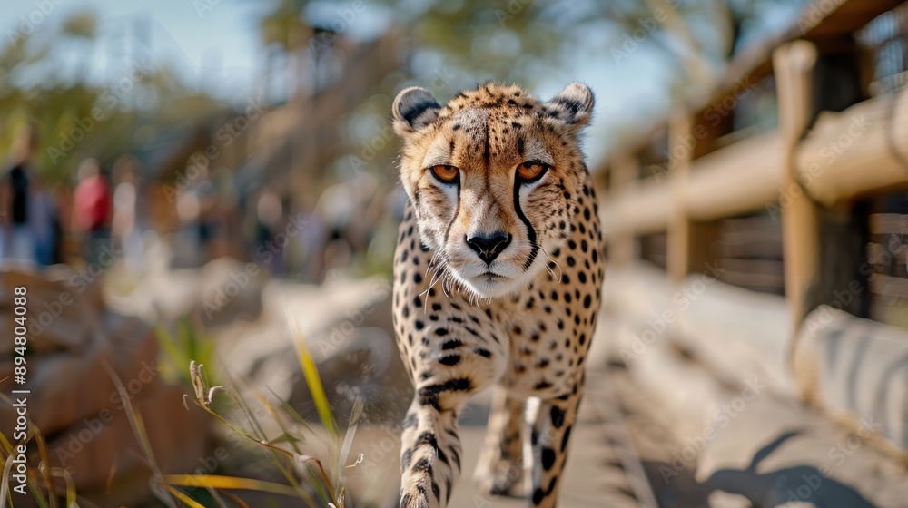 A striking image of an alert cheetah walking confidently along a path ...