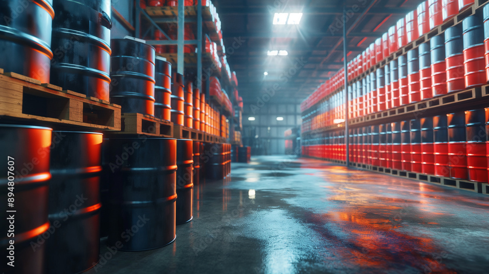 Red and black barrels filled with fossil fuels on pallets in a ...