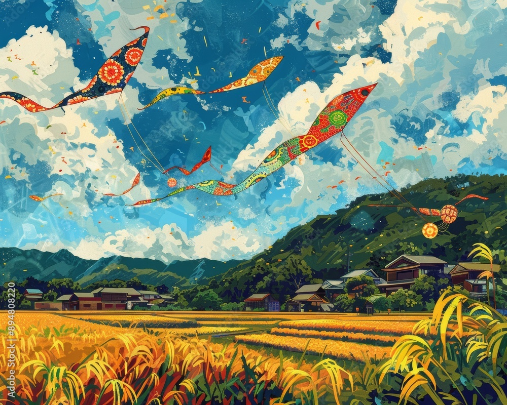 Okinawan kites flying over a rice field, vibrant patterns, clear sky ...