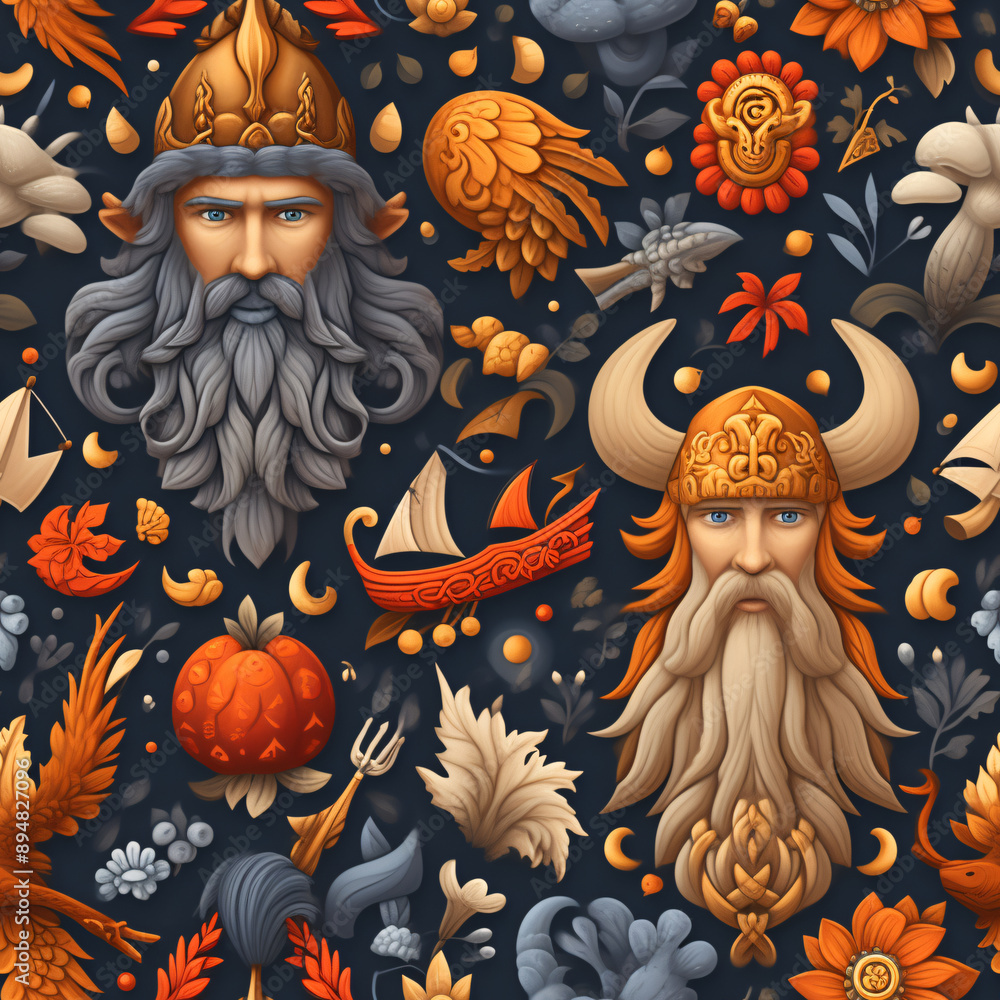 Colorful cartoon pattern of Norse mythology, with gods, runes and ...