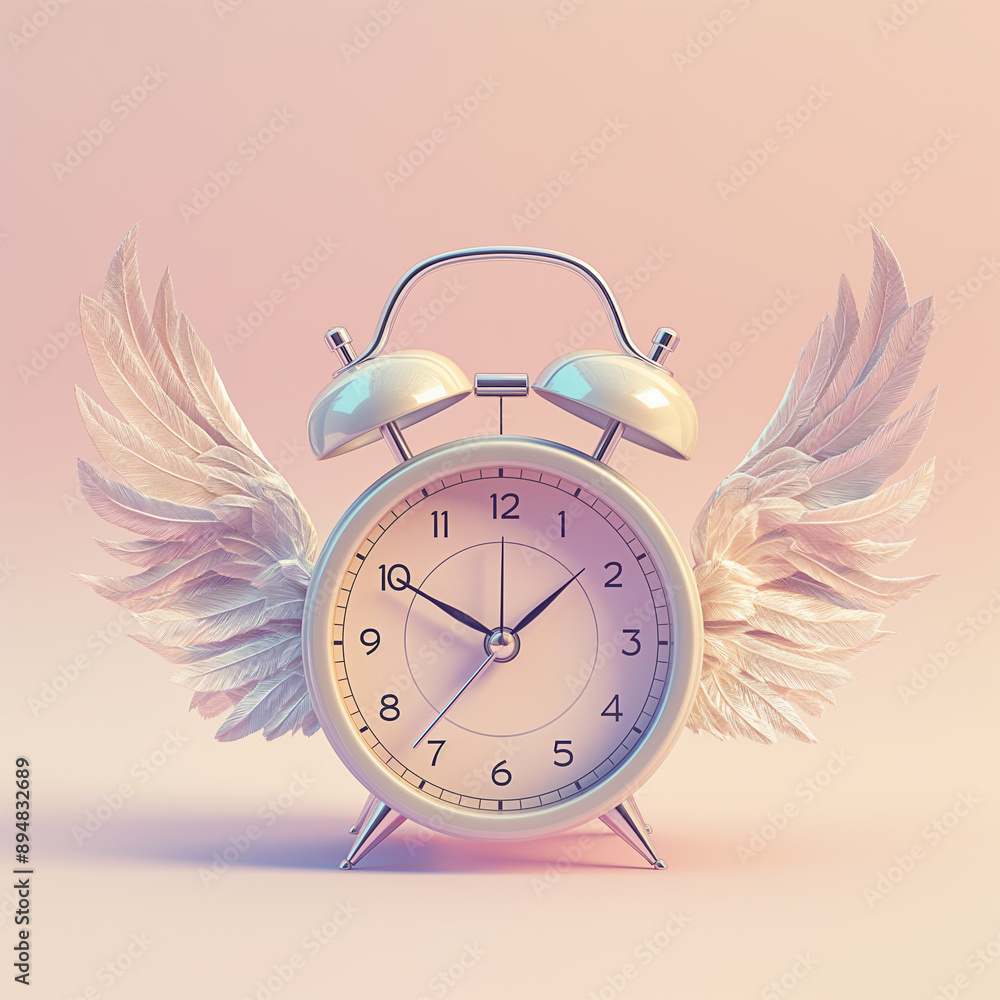 An alarm clock with angel wings, flying gracefully against a pastel ...