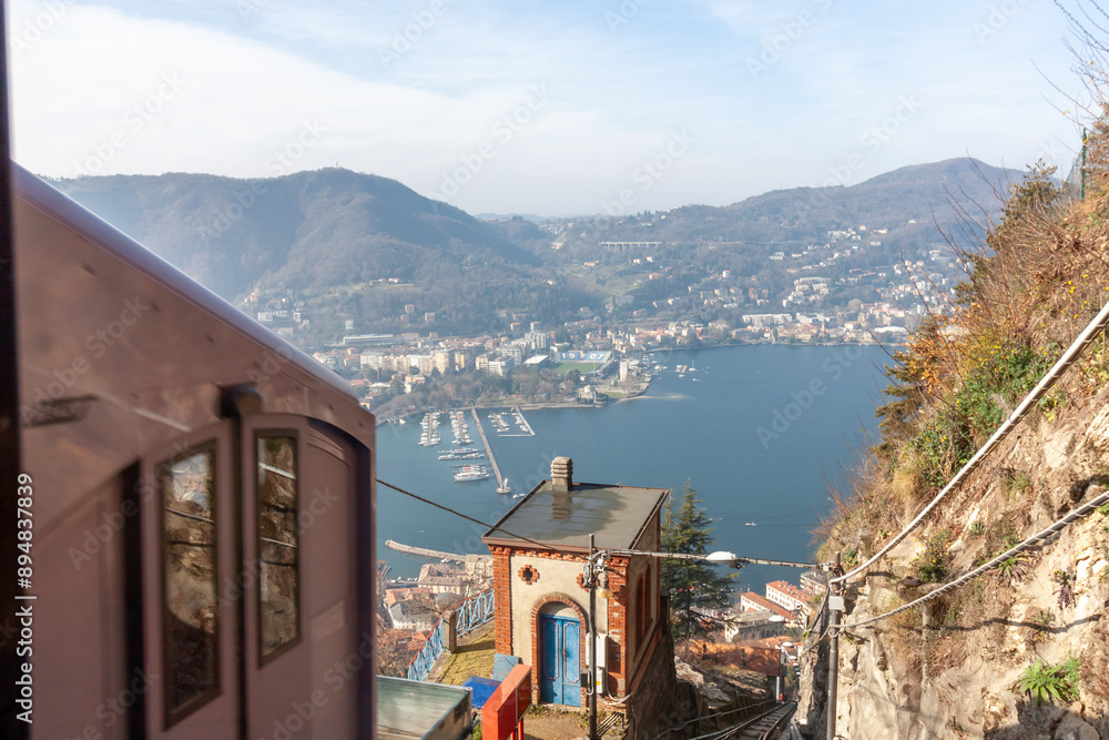 Descent on the Brunate-Como funicular. View from the cockpit Stock ...