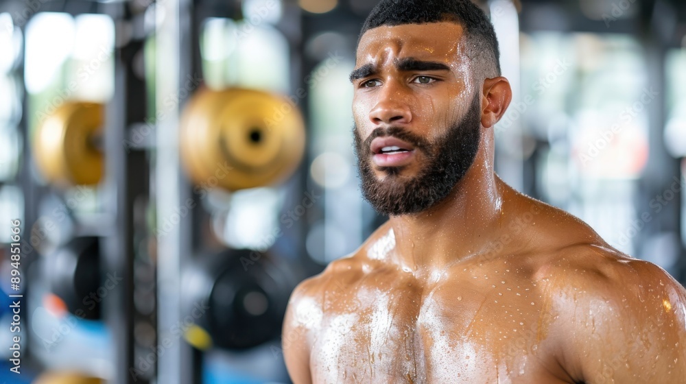 Sweaty and sporty man captured at the gym during an intense workout ...