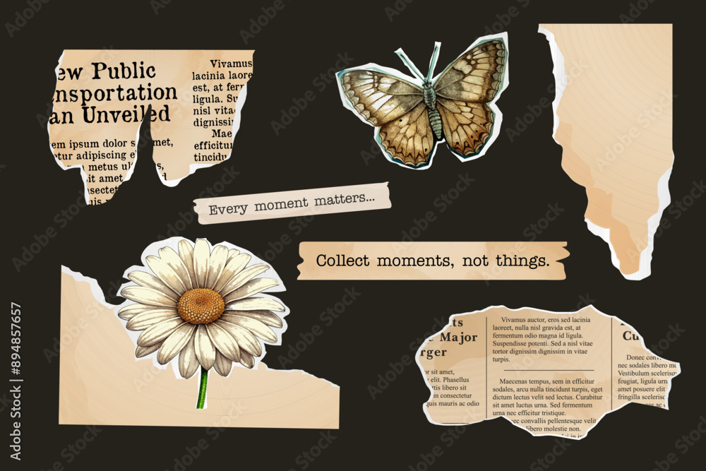 Ripped paper set, collage of notebook sheets, old newspaper. butterfly ...