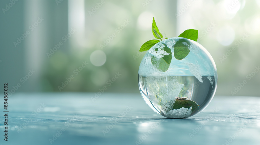 Crystal globe on a green bush Ecology concept Branches of green leaves ...