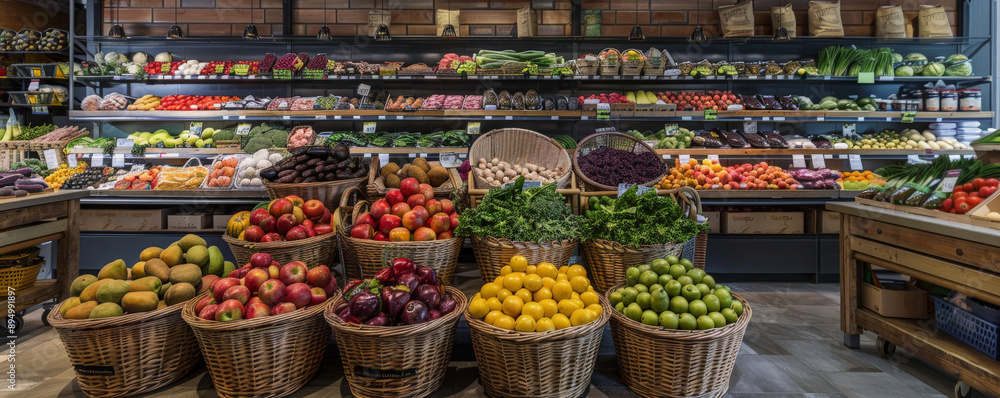 A well-organized grocery store produce section with a variety of fruits ...
