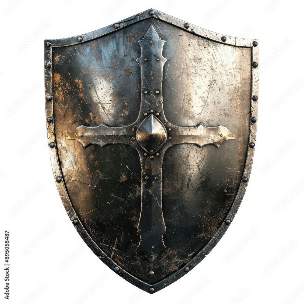 Vintage medieval shield with a cross symbol, battered and weathered ...