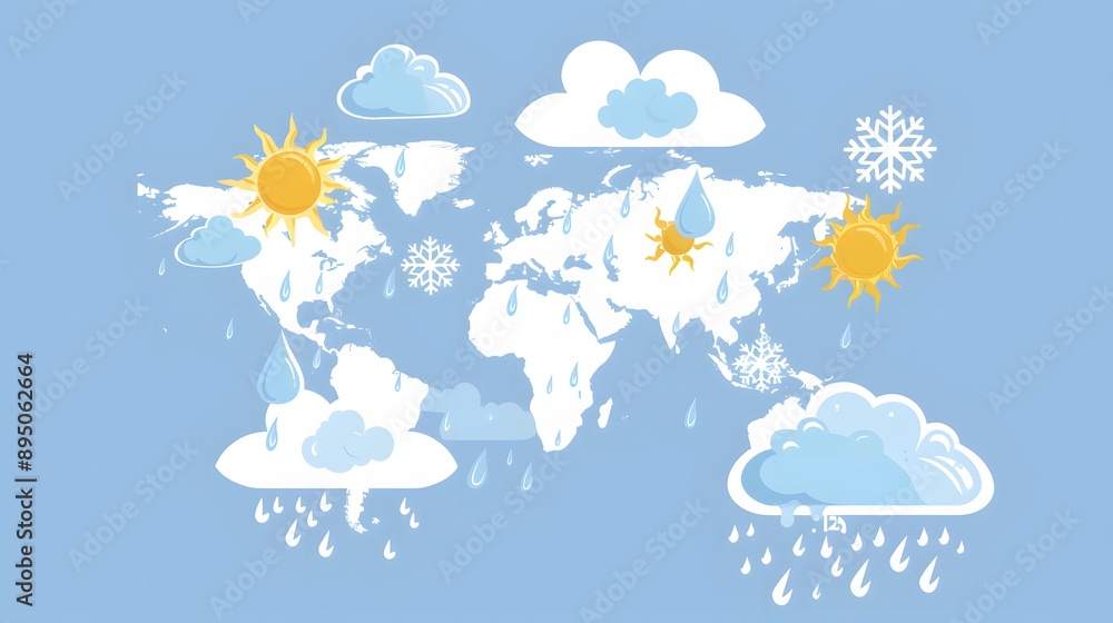 World Map with Weather Icons: Illustrate a world map with different ...