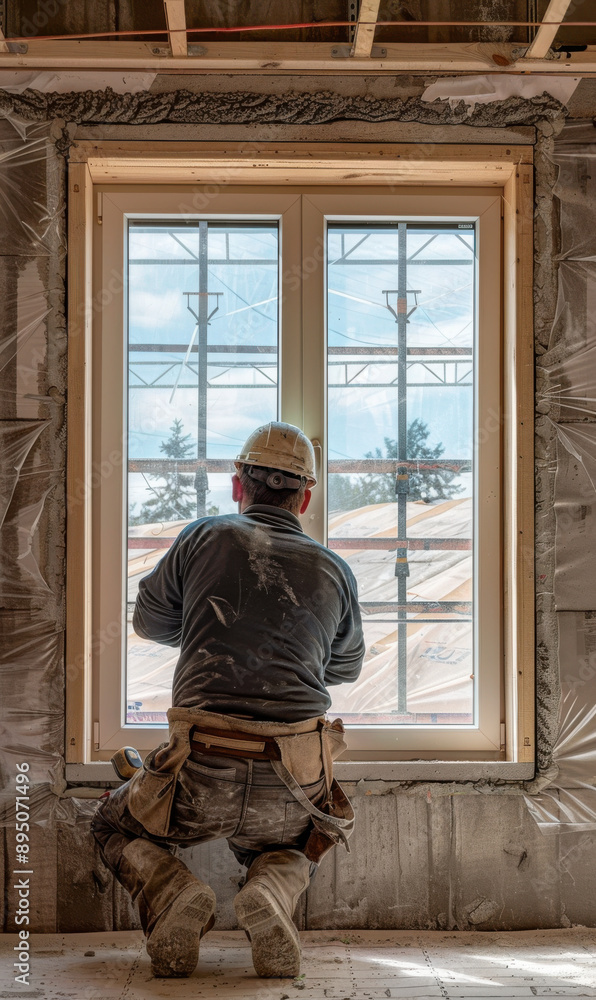 Professional studio photo of a worker installing a window inside a new ...