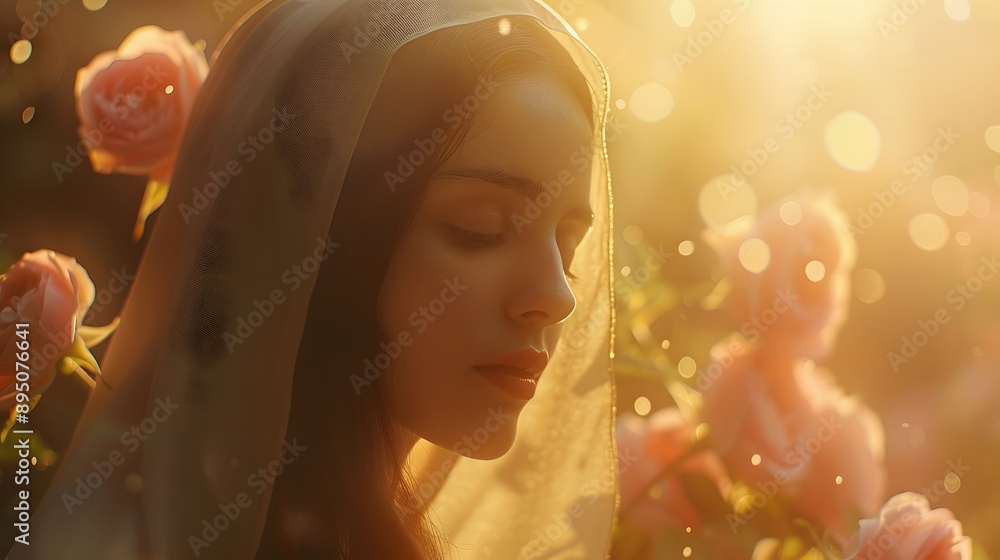 Serene image of St. Therese in prayer, roses gently falling from above ...